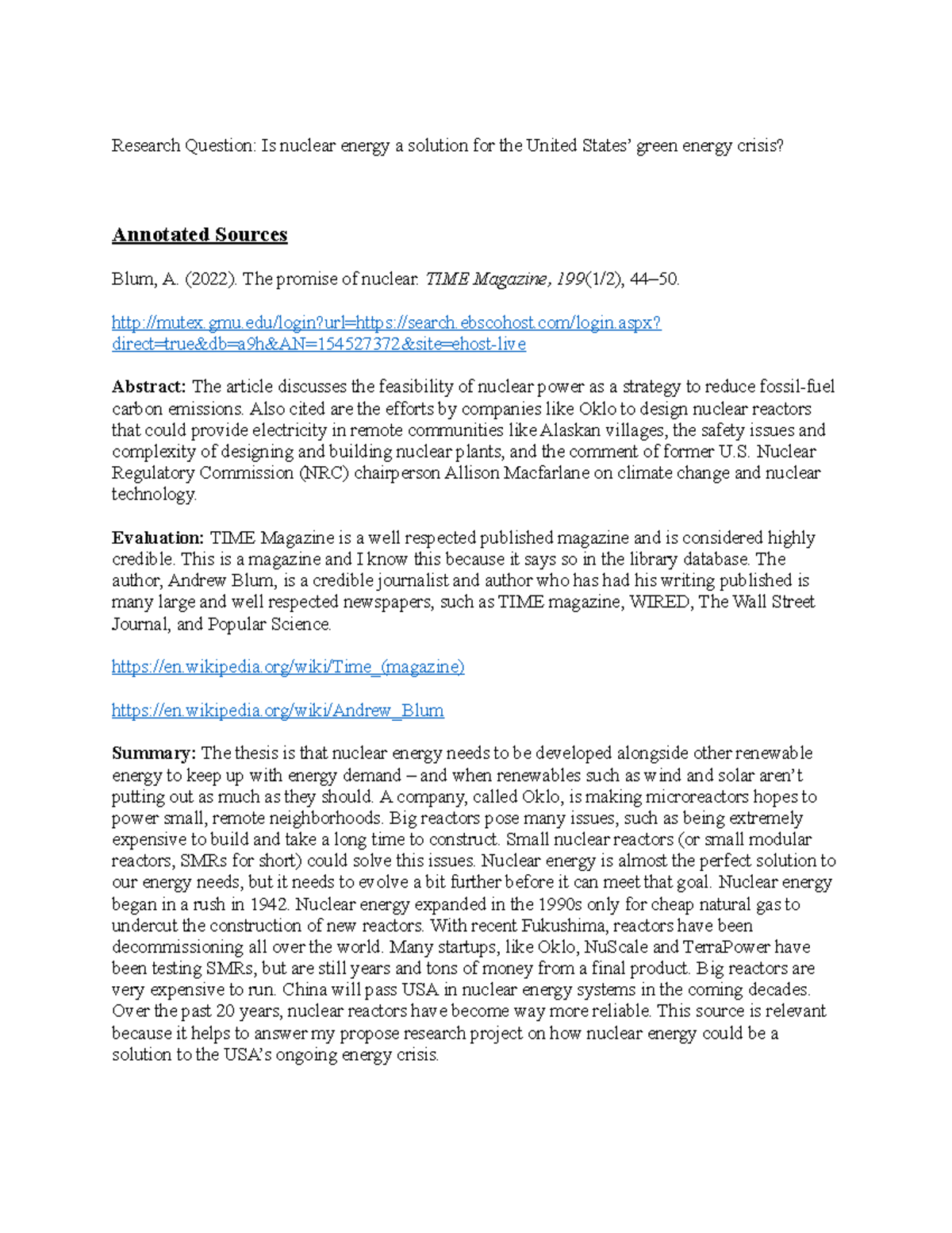 Annotated Bibliography Draft - Research Question: Is nuclear energy a ...