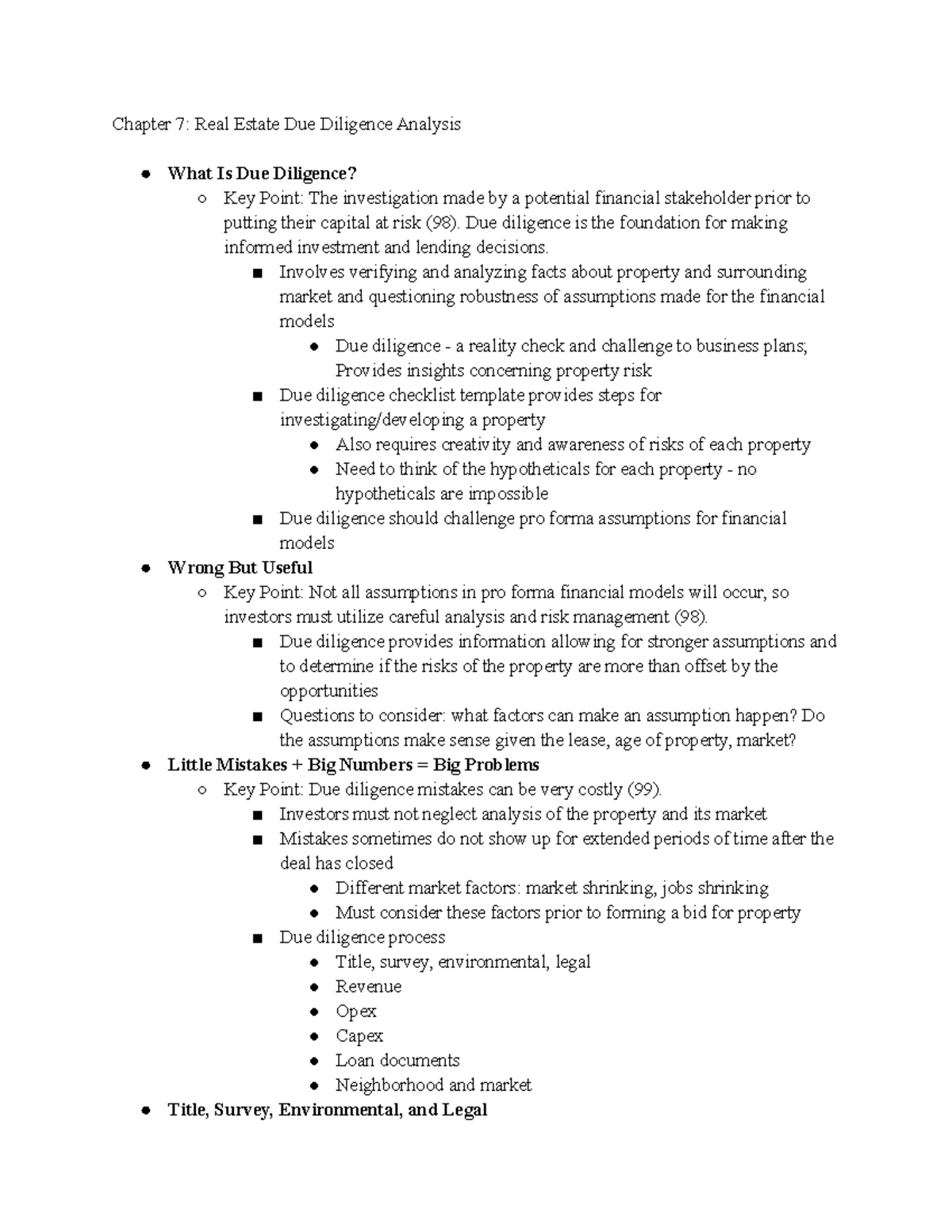 Chapter 7 notes - Chapter 7: Real Estate Due Diligence Analysis What Is ...
