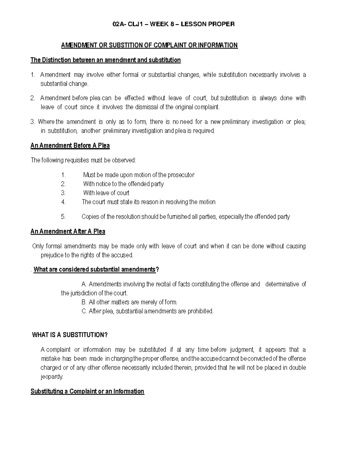CLJ1w8 - 02A- CLJ1 – WEEK 8 – LESSON PROPER AMENDMENT OR SUBSTITION OF ...