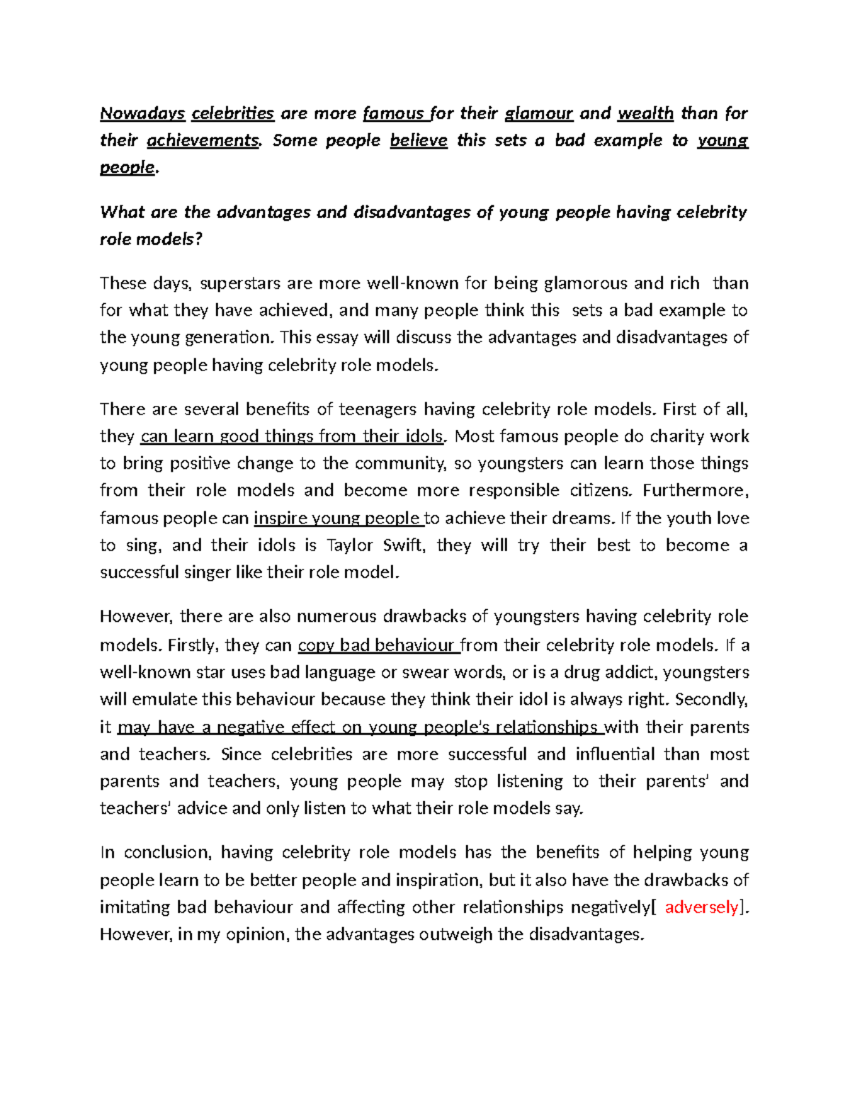 Writing task 2 - Celebrity Role Models - Model Answer - Nowadays ...