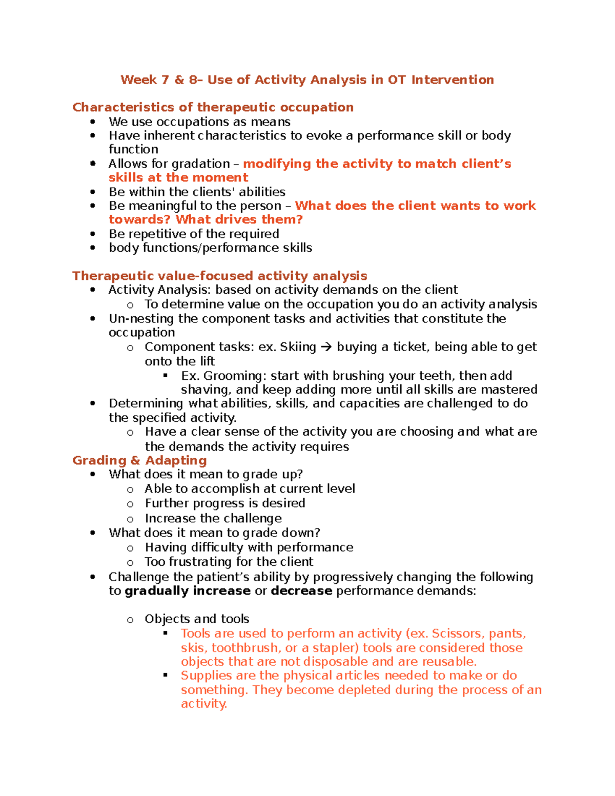 OCC 510 Final WK 7-11 - Dr. Waterman - Week 7 & 8– Use of Activity ...
