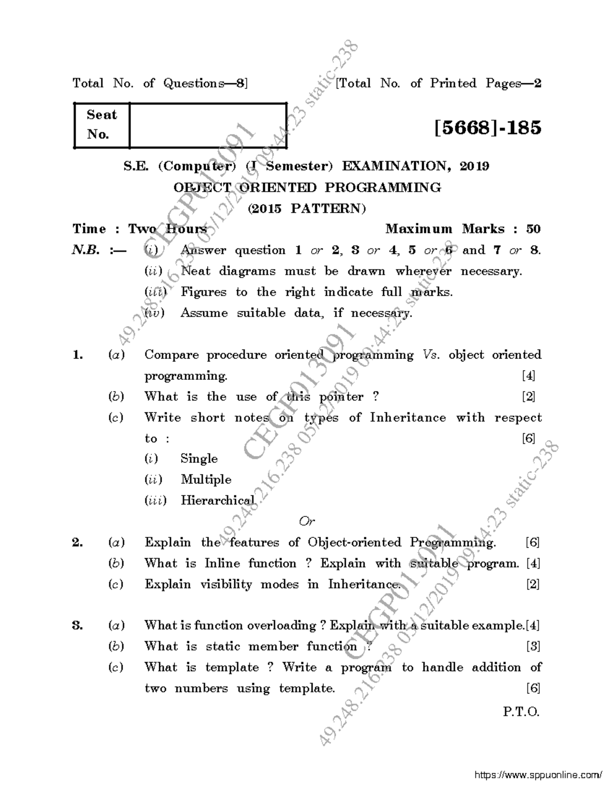 Be Computer 3 Sem Object Oriented Programming P15 Dec 2019 Total No Of Questions— 8 ] [total