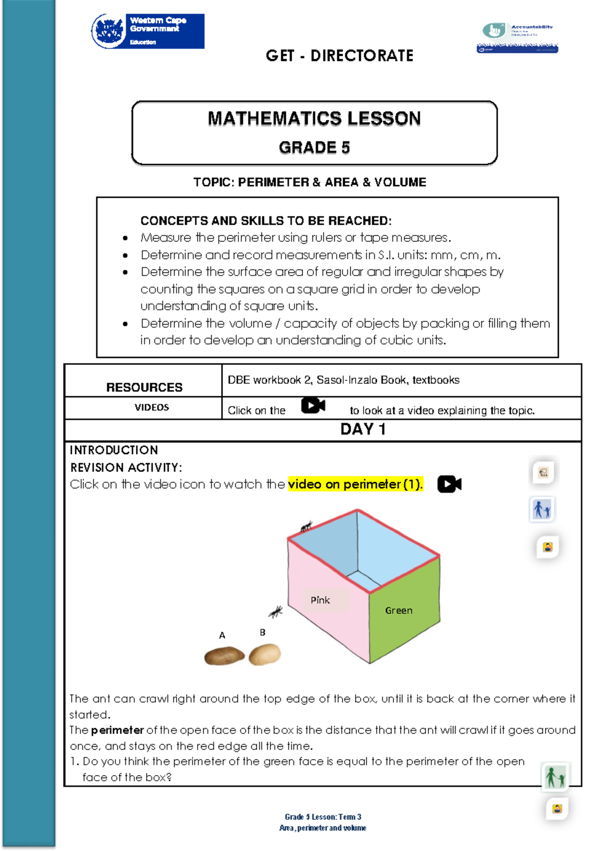 Gr 5 Mathematics Perimeter Area and Volume T4 W1 3 - GET - DIRECTORATE ...