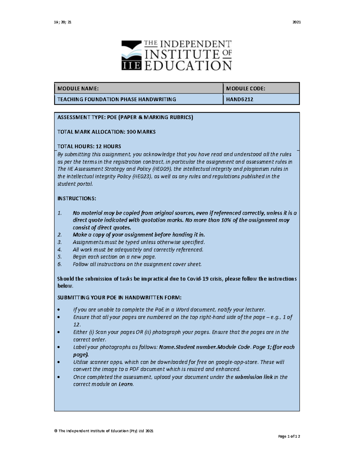 POE 8 - POE doc - © The Independent Institute of Education (Pty) Ltd ...