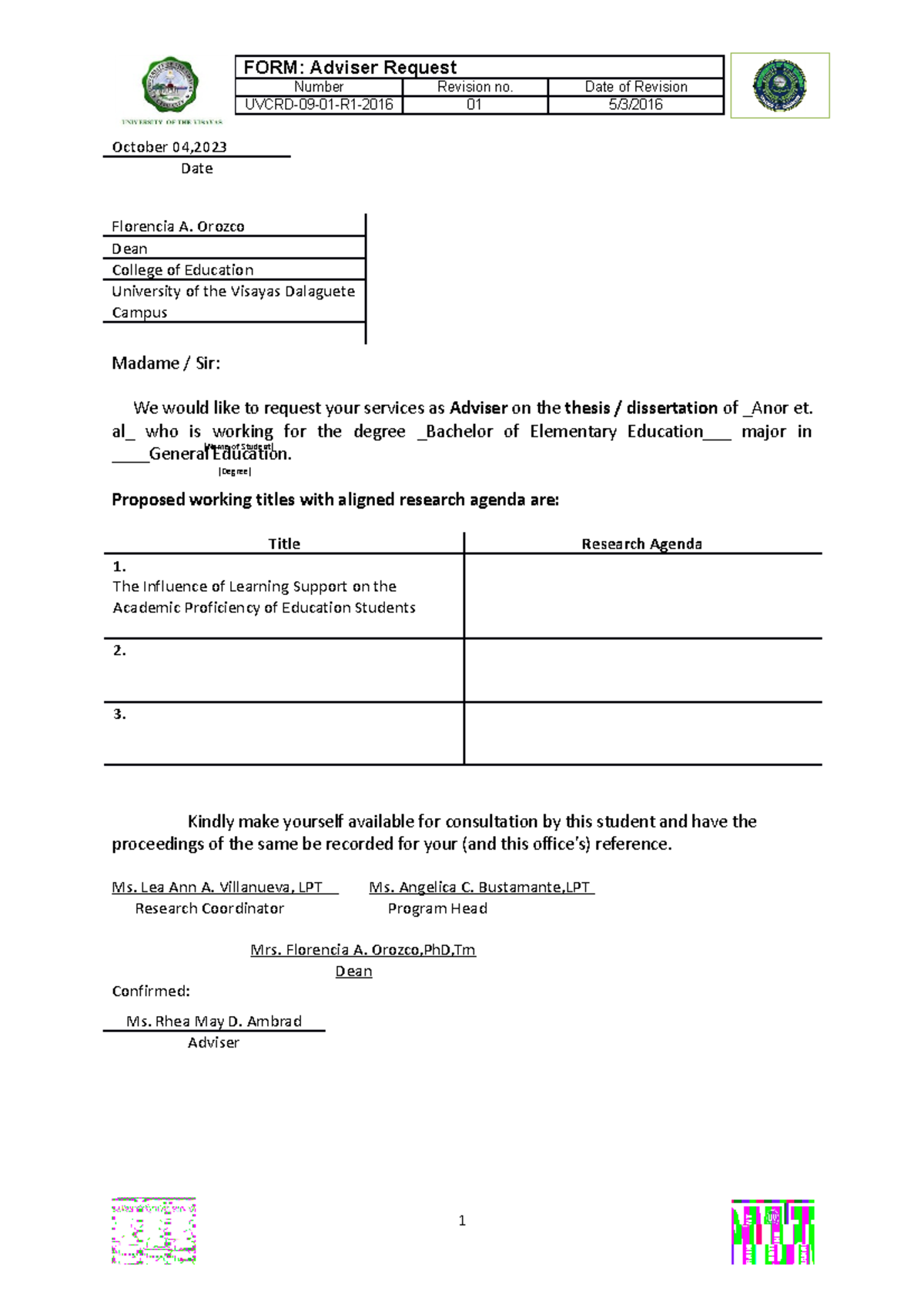 Adviser Form - N/a - FORM: Adviser Request Number Revision no. Date of Revision UVCRD-09-01-R1 ...