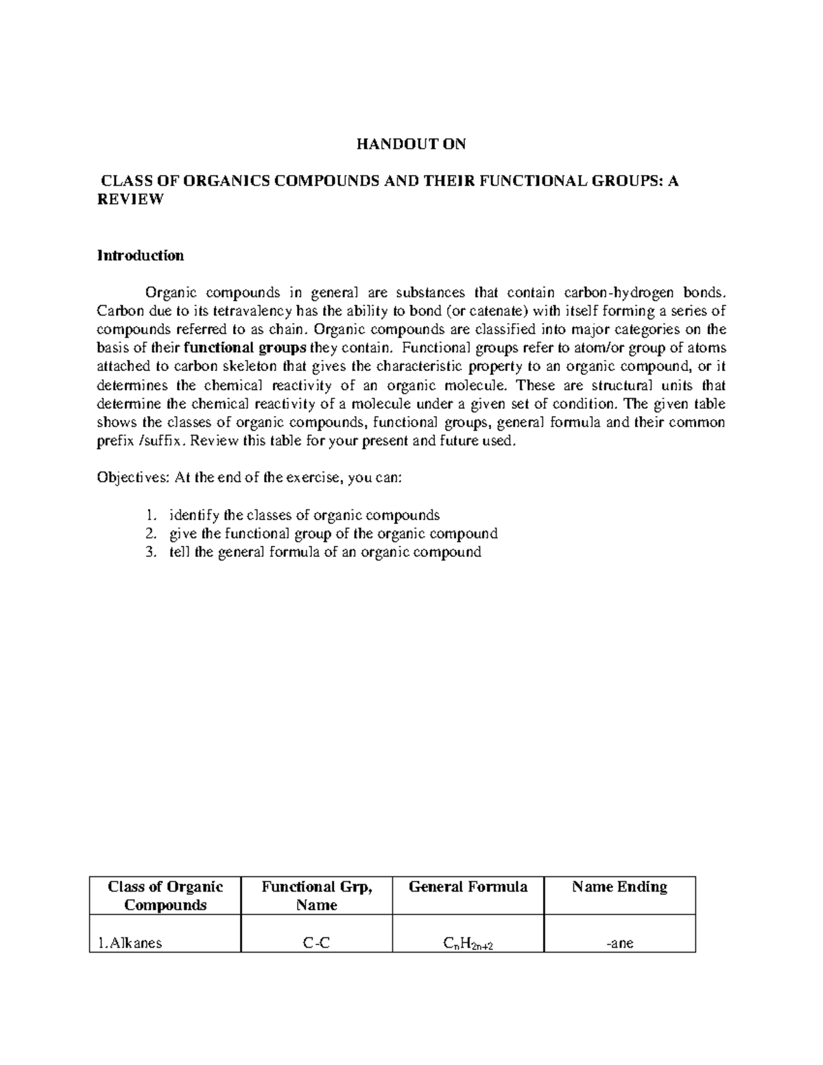 Review OF Functional Groups OF Different Organic Compound - HANDOUT ON ...
