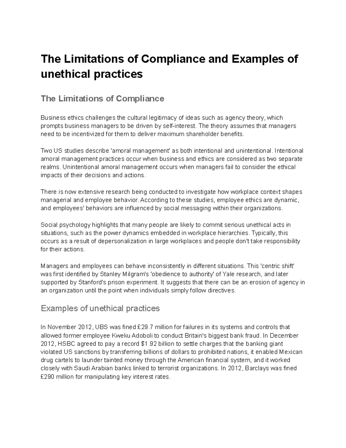 The Limitations of Compliance and Examples of unethical practices - The ...