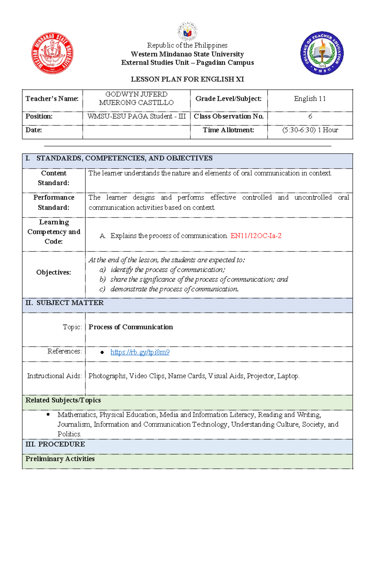4 As Lesson Plan - Republic of the Philippines Western Mindanao State ...