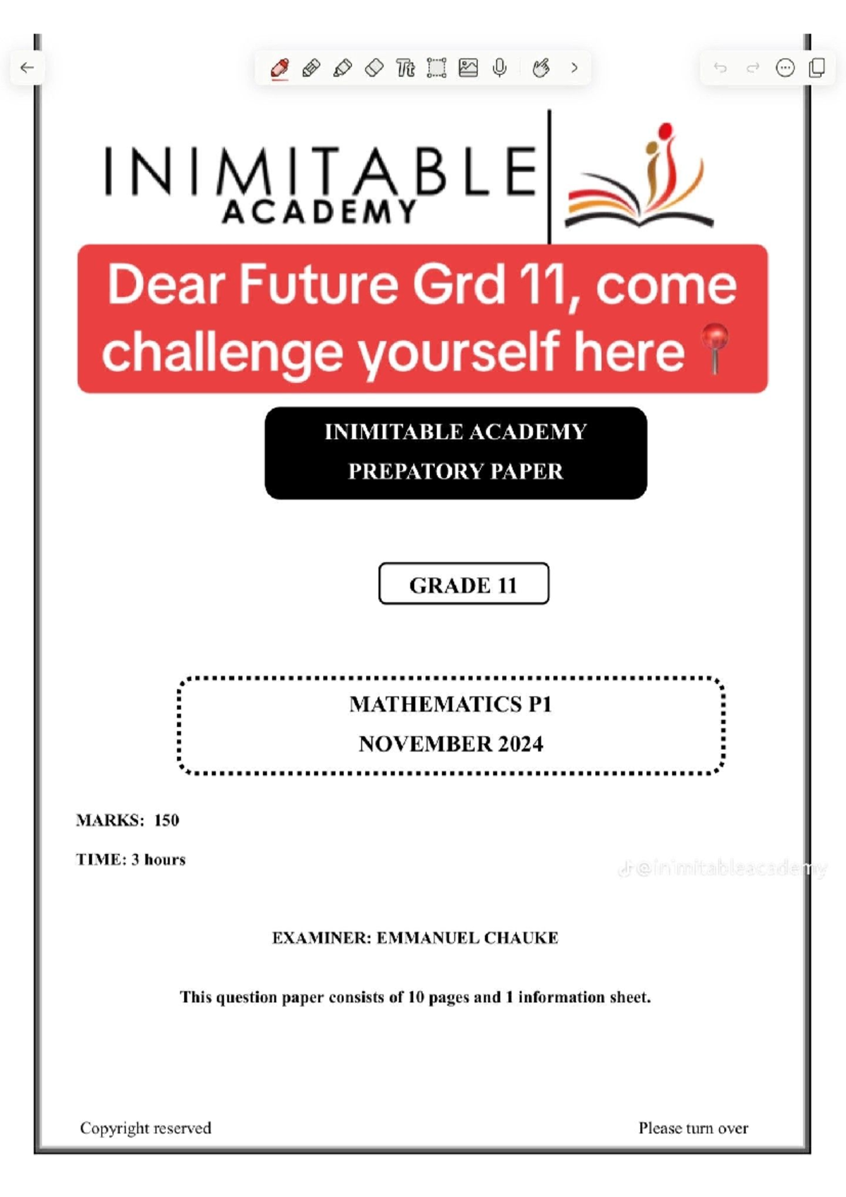 Maths p1 - Preparation exam - INIMITABLE ACADEMY Dear Future Grd 11 ...