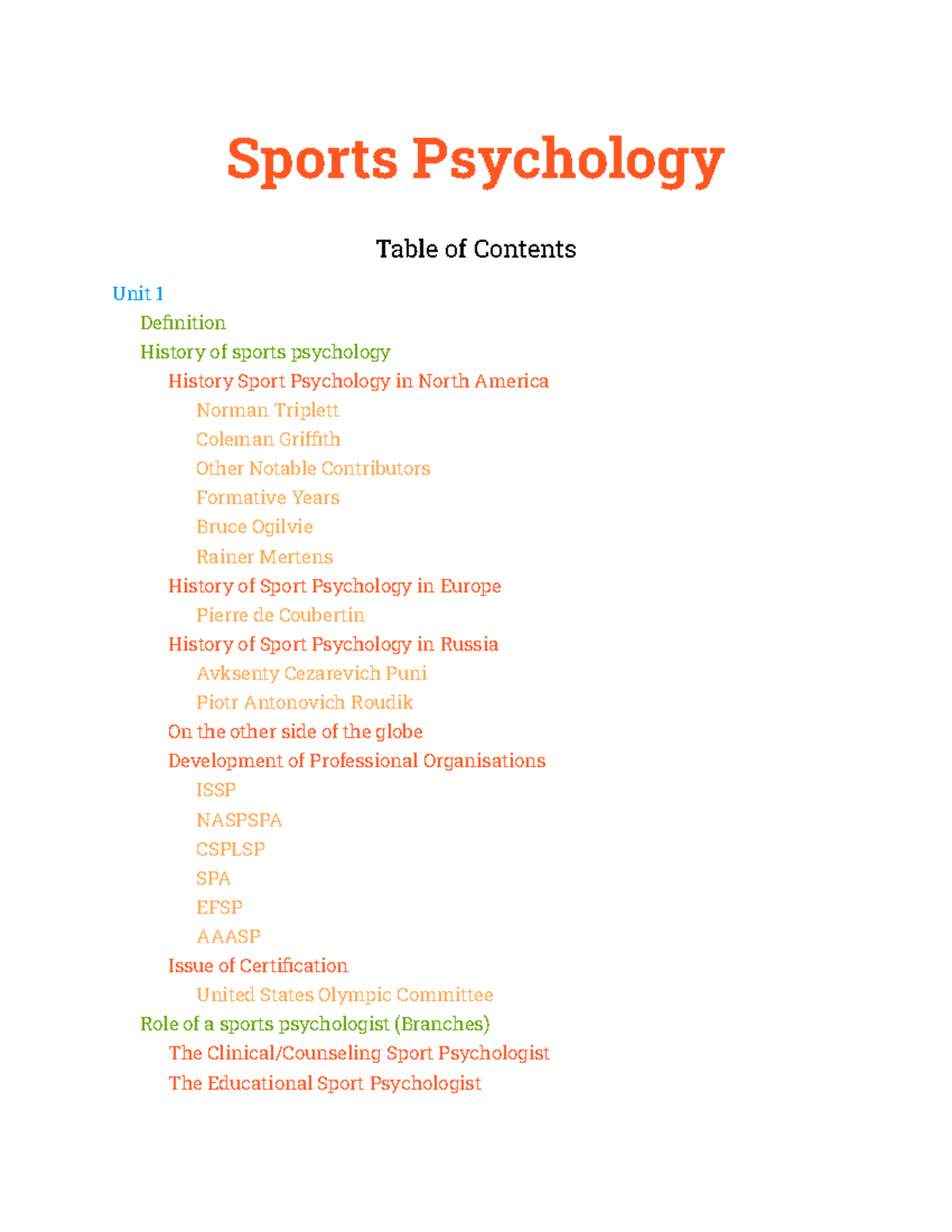 Sports Psychology Notes - Sports Psychology Table of Contents Unit 1 ...