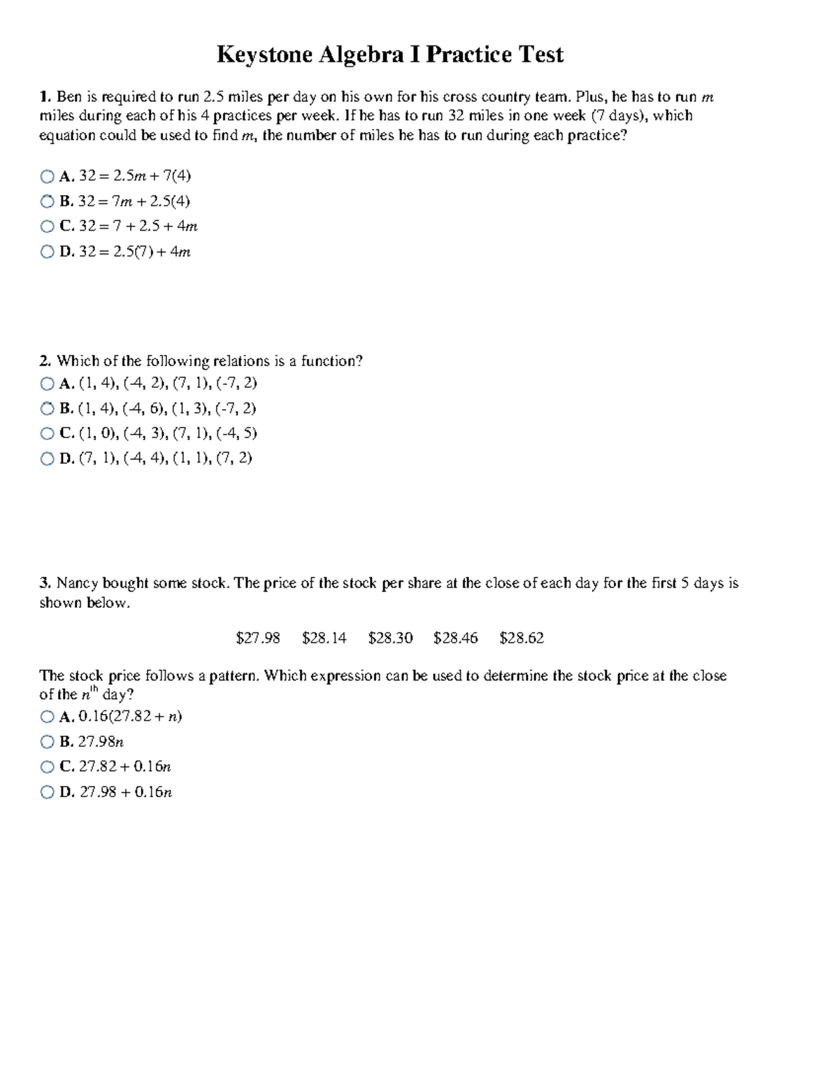 Keystone Algebra 1 Practice Test Keystone Algebra I Practice Test 1 