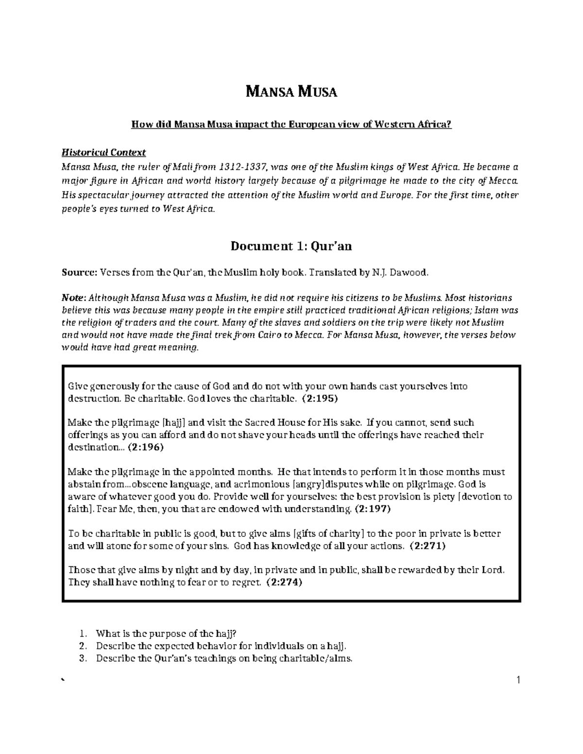 Mansa+Musa+DBQ - Tghe mansa - MANSA MUSA How did Mansa Musa impact the ...