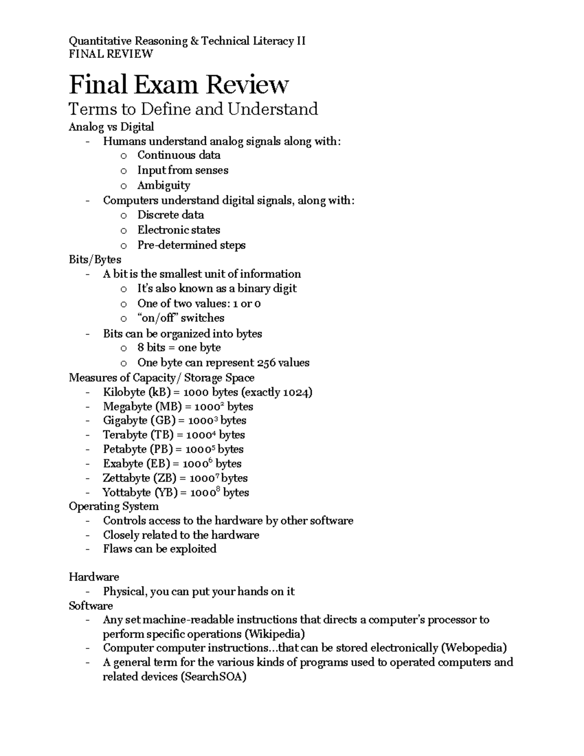 Final Exam - Quantitative Reasoning & Technical Literacy II FINAL ...