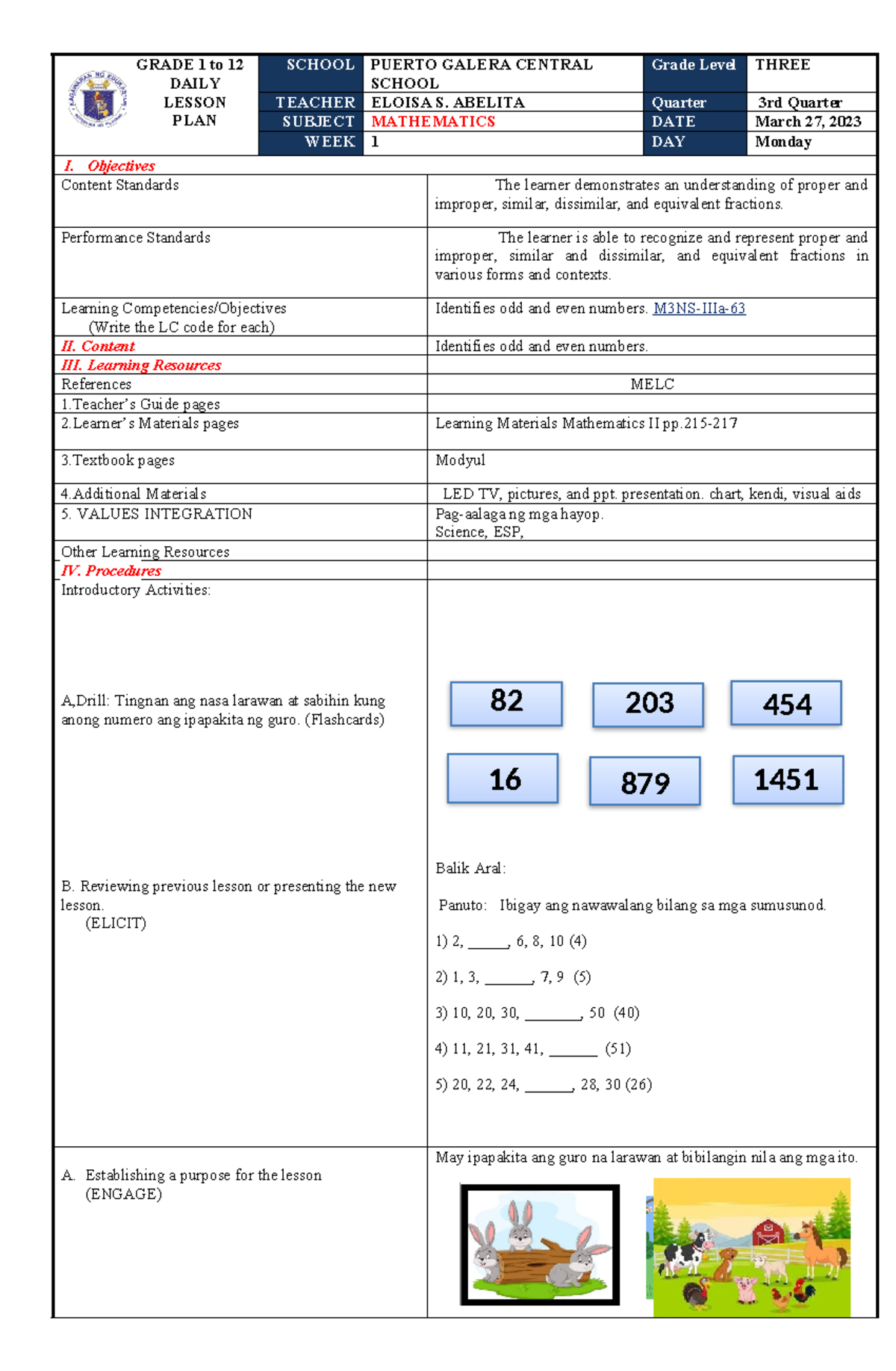 Identifies odd and even - GRADE 1 to 12 DAILY LESSON PLAN SCHOOL PUERTO ...