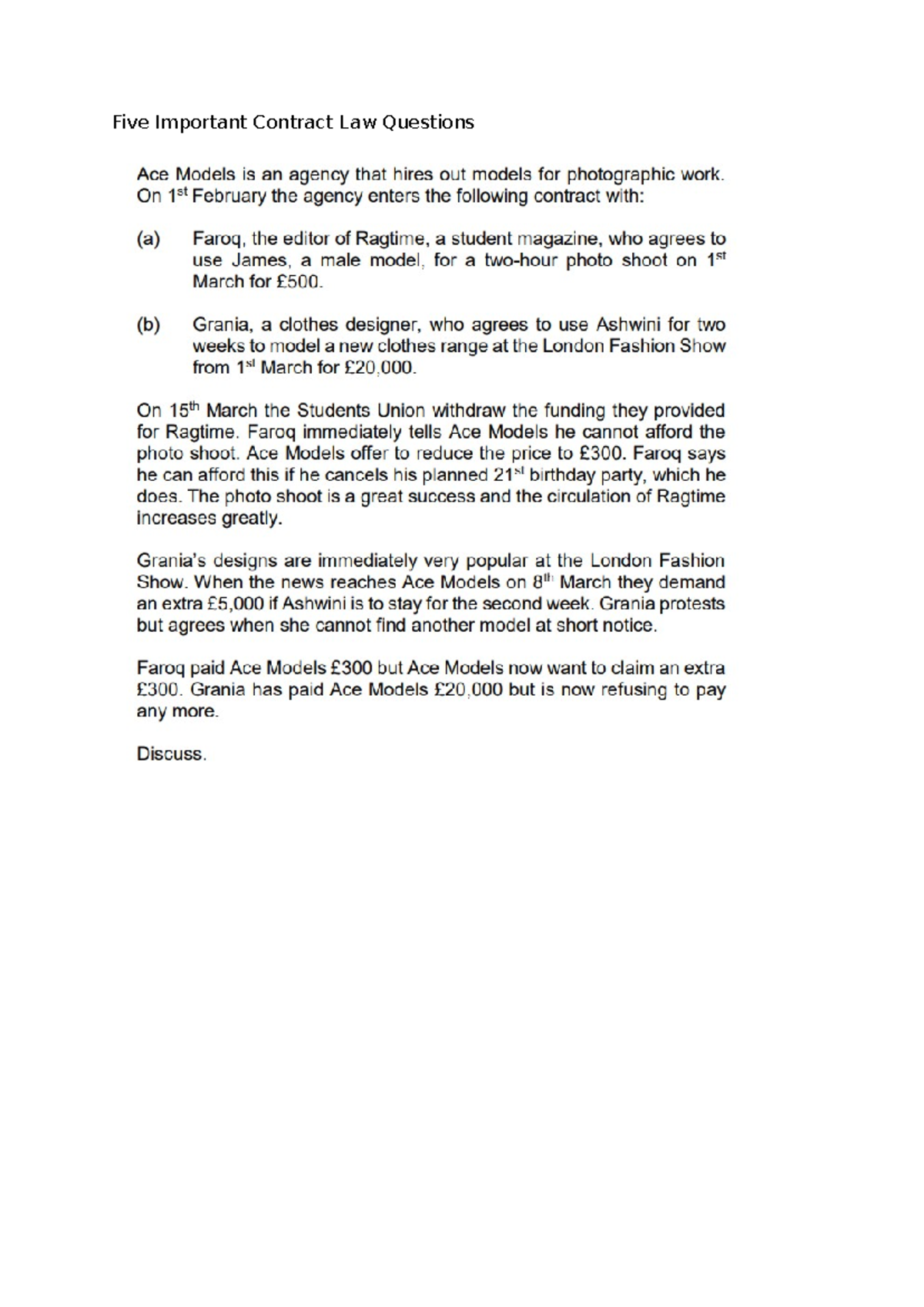 Five Important Contract Law Questions - Law of Contract II - Studocu