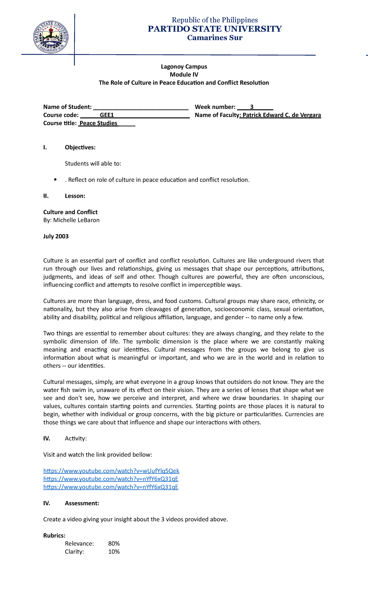 GEE1- Culture and Conflict - Lagonoy Campus Module IV The Role of ...