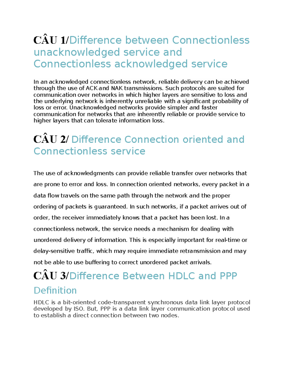 Dap an nwc203c FALL 2022 - CÂU 1/Difference between Connectionless ...
