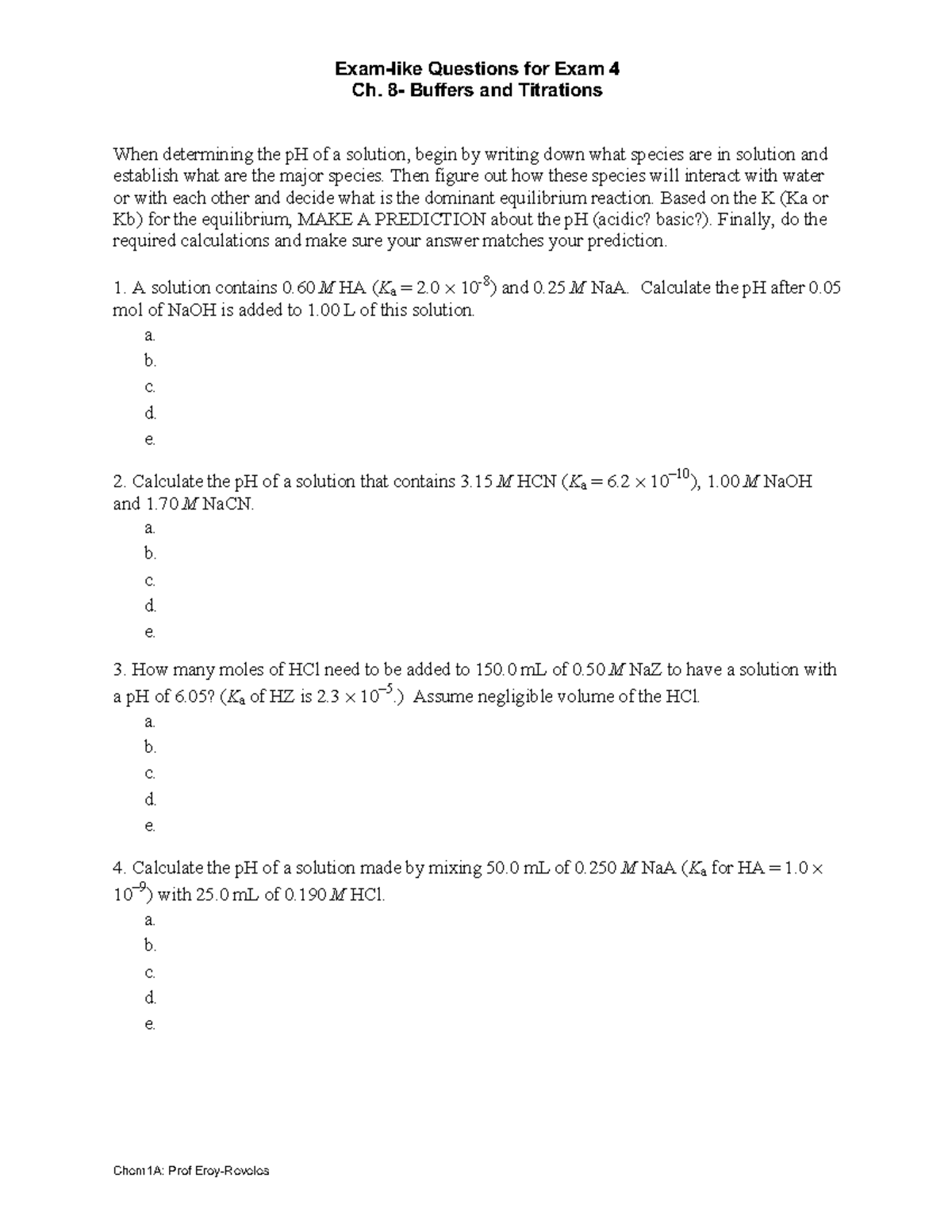 Ch8 examlike Q v4 updated - Ch. 8 - Buffers and Titrations When ...