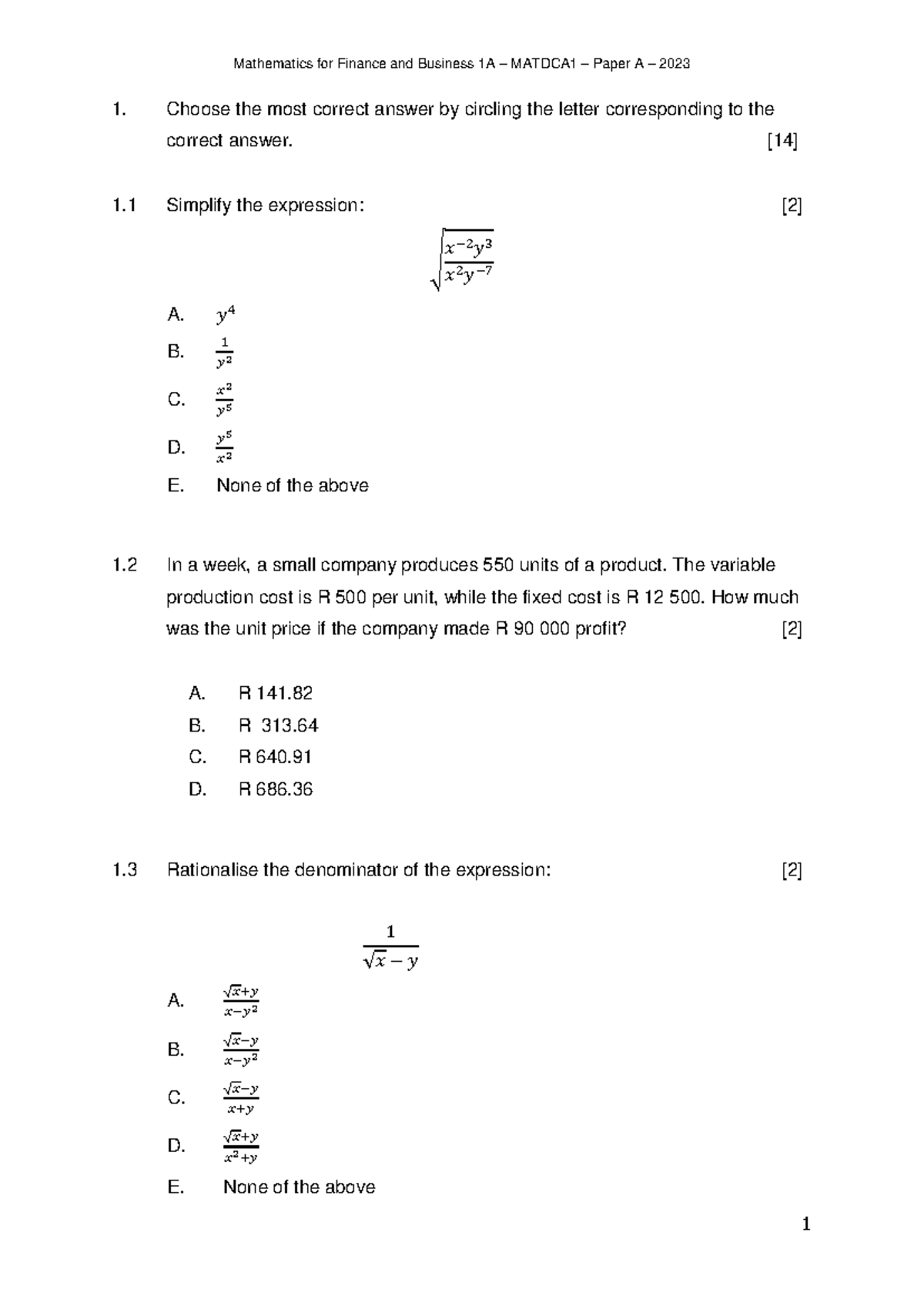 2023 Matdca 1 Paper A - 1. Choose the most correct answer by circling ...