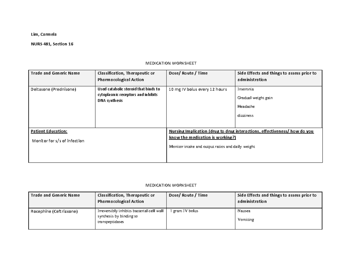 Med sheet 1 - Lim, Carmela NURS 481, Section 16 MEDICATION WORKSHEET ...