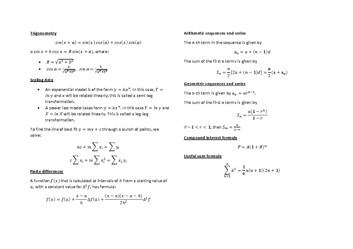 Exam Formula sheet - Trigonometry 𝑠𝑖𝑛(𝑥 + α) = 𝑠𝑖𝑛(𝑥) 𝑐𝑜𝑠(α) + 𝑐𝑜𝑠(𝑥 ...