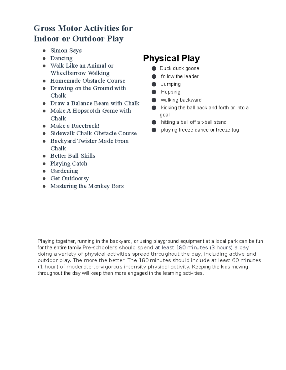 Module 7 Assignment #2 - Gross Motor Activities for Indoor or Outdoor ...