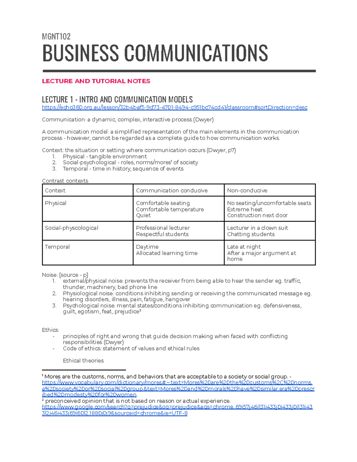 Business Communications MGNT102 lec tut notes - MGNT BUSINESS ...