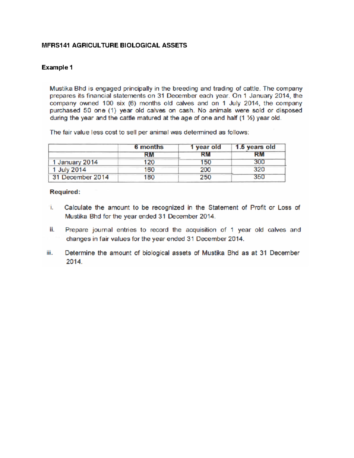 MFRS141 Q&A 2020 - MFRS141 AGRICULTURE BIOLOGICAL ASSETS Example 1 ...