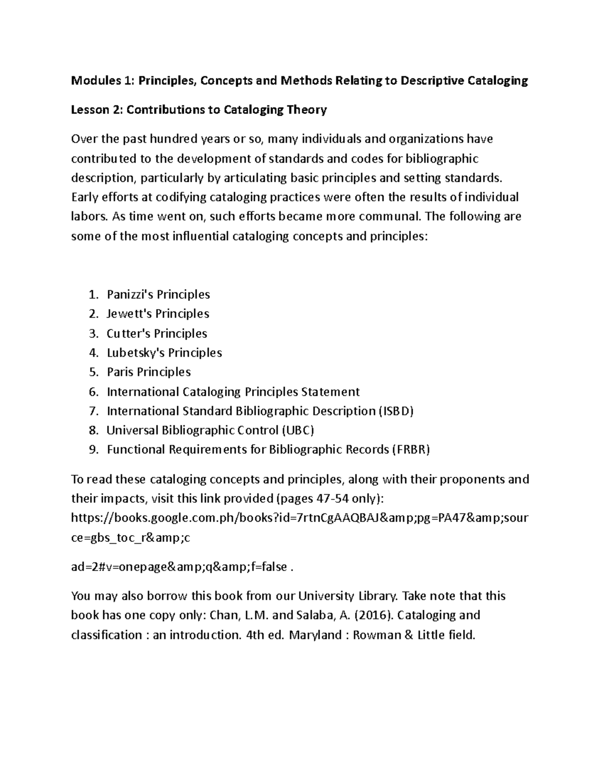Cataloging - Lesson 2 Contributions to Cataloging Theory - Modules 1 ...
