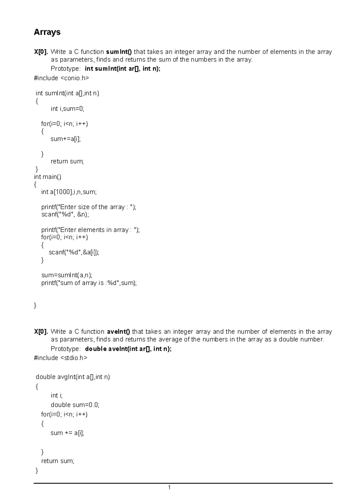 System Programming Class hw1 - Arrays X[0]. Write a C function sumInt() that takes an integer ...