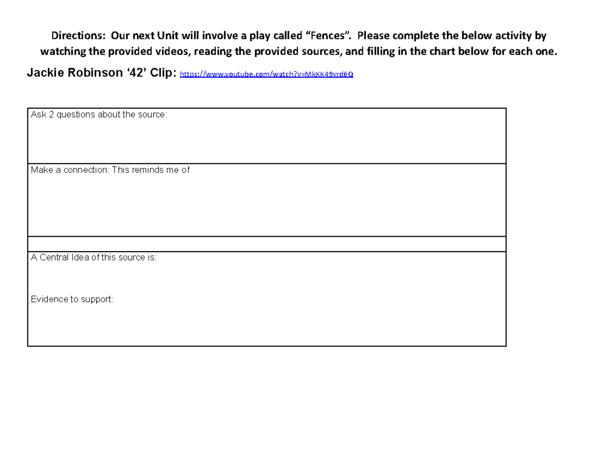 Fences Intro Activity - Directions: Our next Unit will involve a play ...