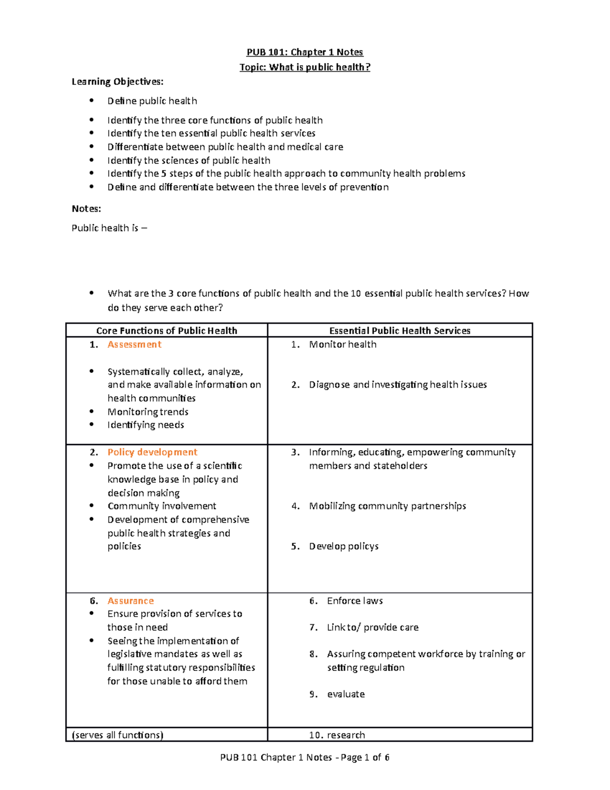 Chapter 1 Notes - PUB 101: Chapter 1 Notes Topic: What is public health ...