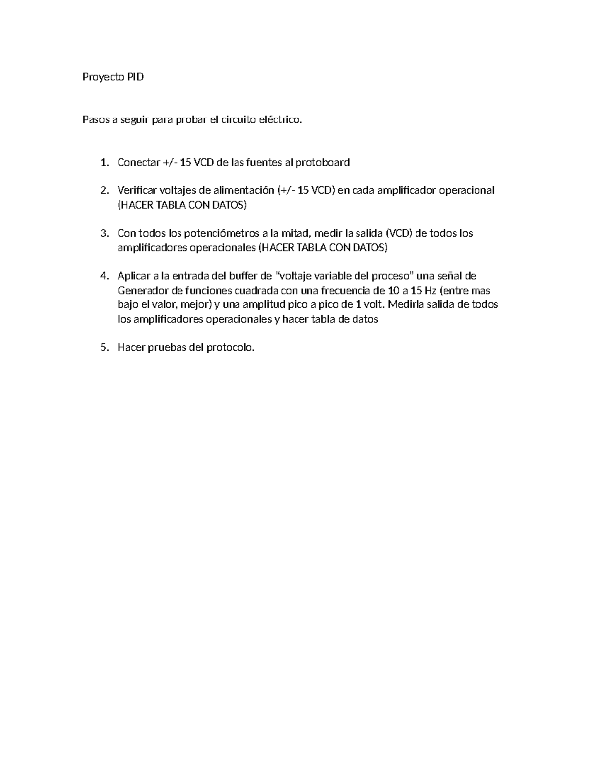 Proyecto PID. Pasos a seguirdocx - Proyecto PID Pasos a seguir para probar el circuito eléctrico ...