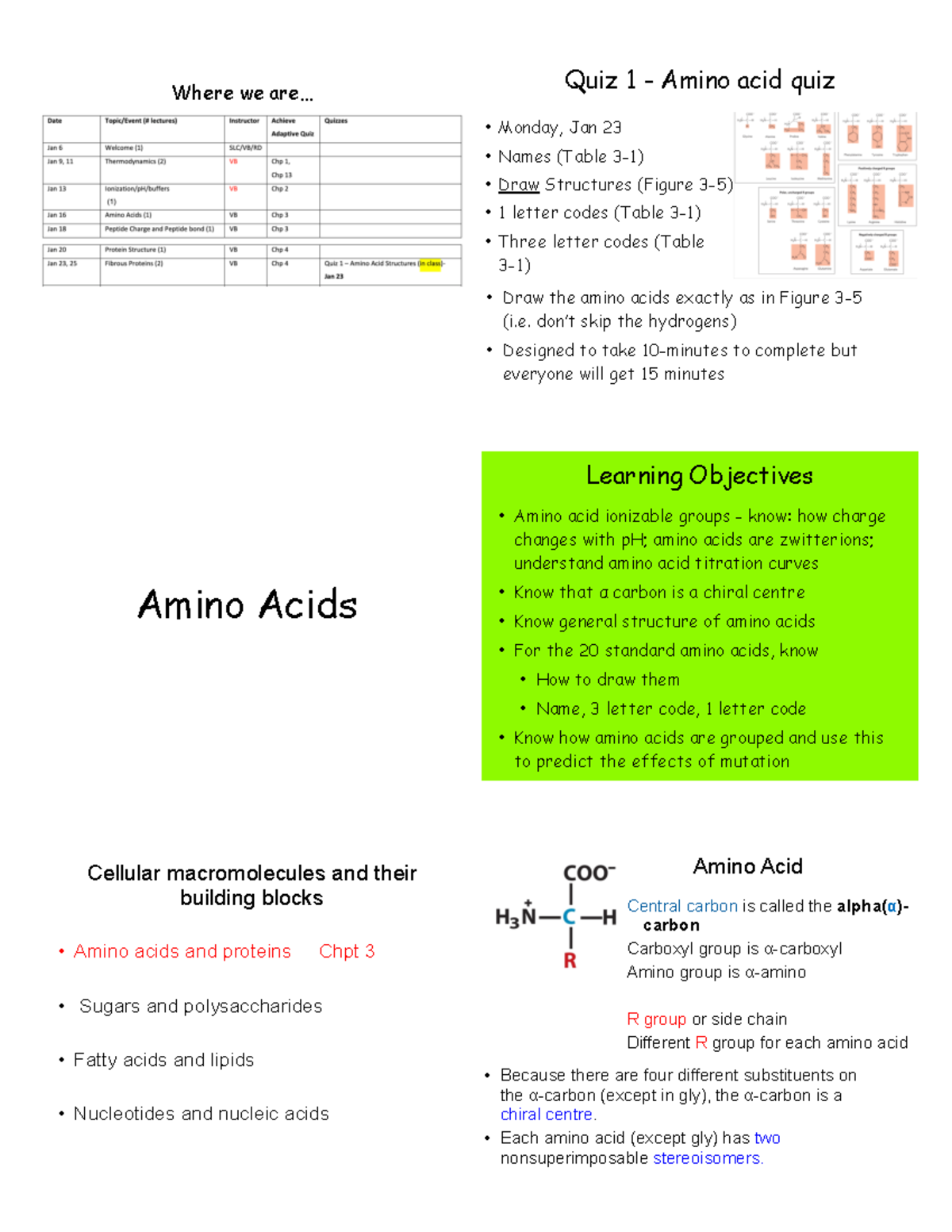 4 - Amino Acids - VB - Jan 18 - Where we are... Quiz 1 - Amino acid ...
