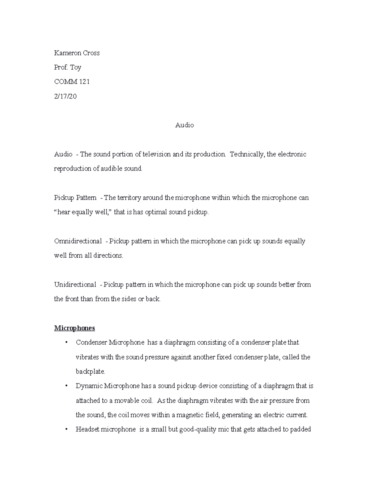 TV Production notes 2-17-30 - Kameron Cross Prof. Toy COMM 121 2/17 ...