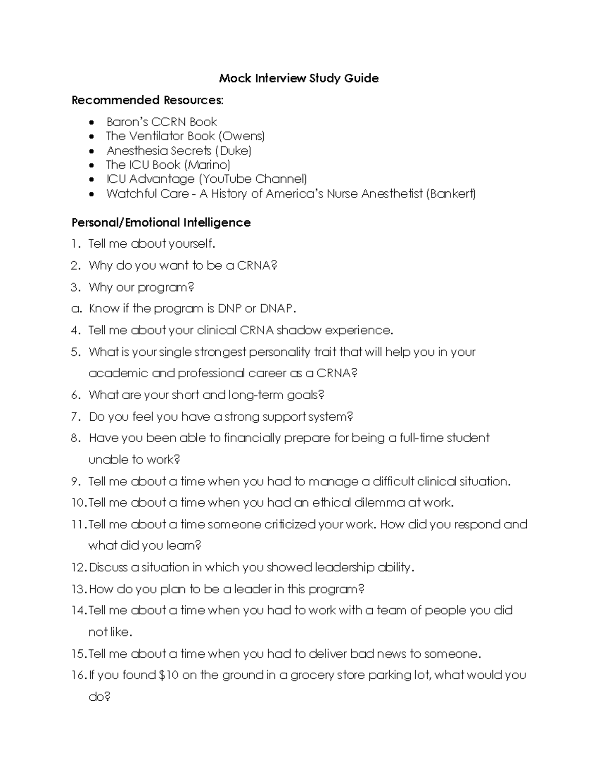 A1 mock interview study guide - Mock Interview Study Guide Recommended ...