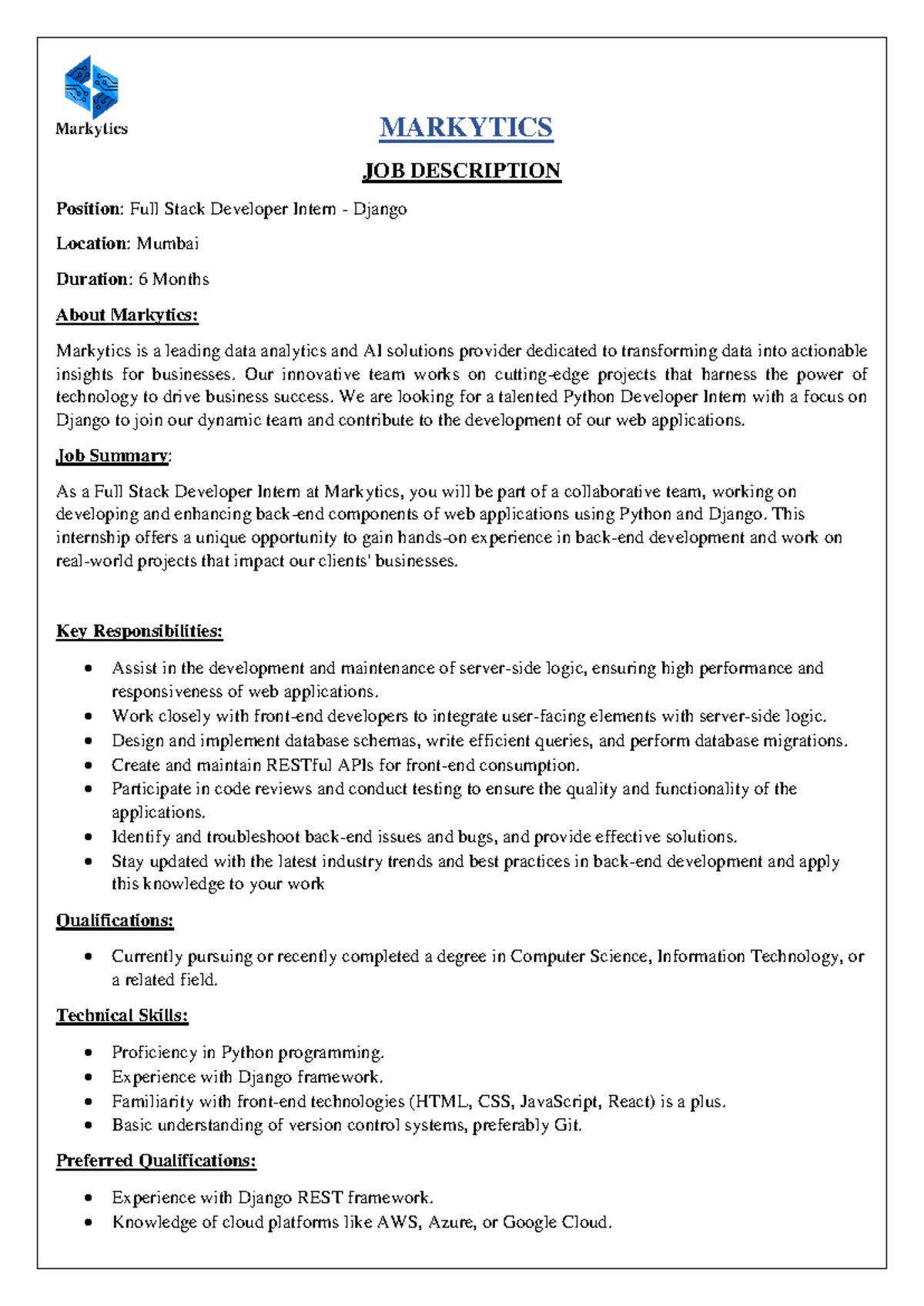 Full Stack Developer Intern - Django - MARKYTICS JOB DESCRIPTION ...