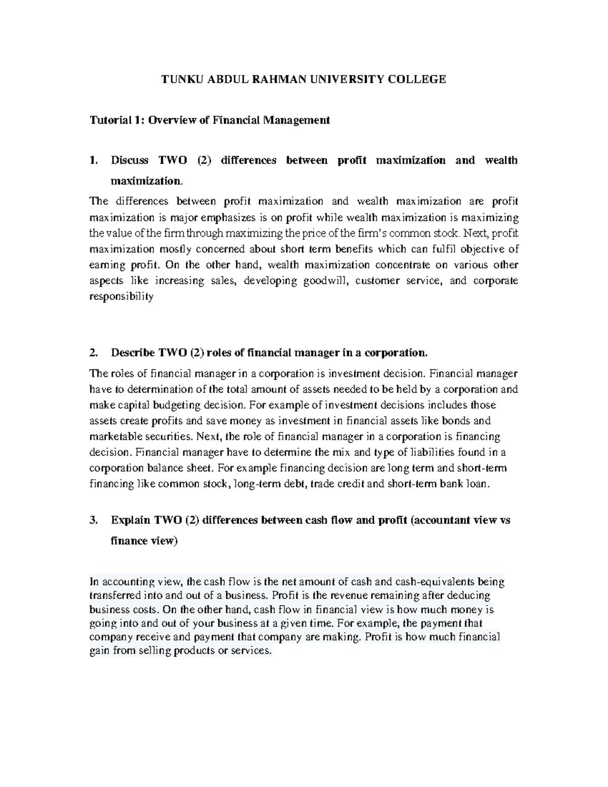 Tutorial 1 Introduction to Financial Management (1)[406] - TUNKU ABDUL ...