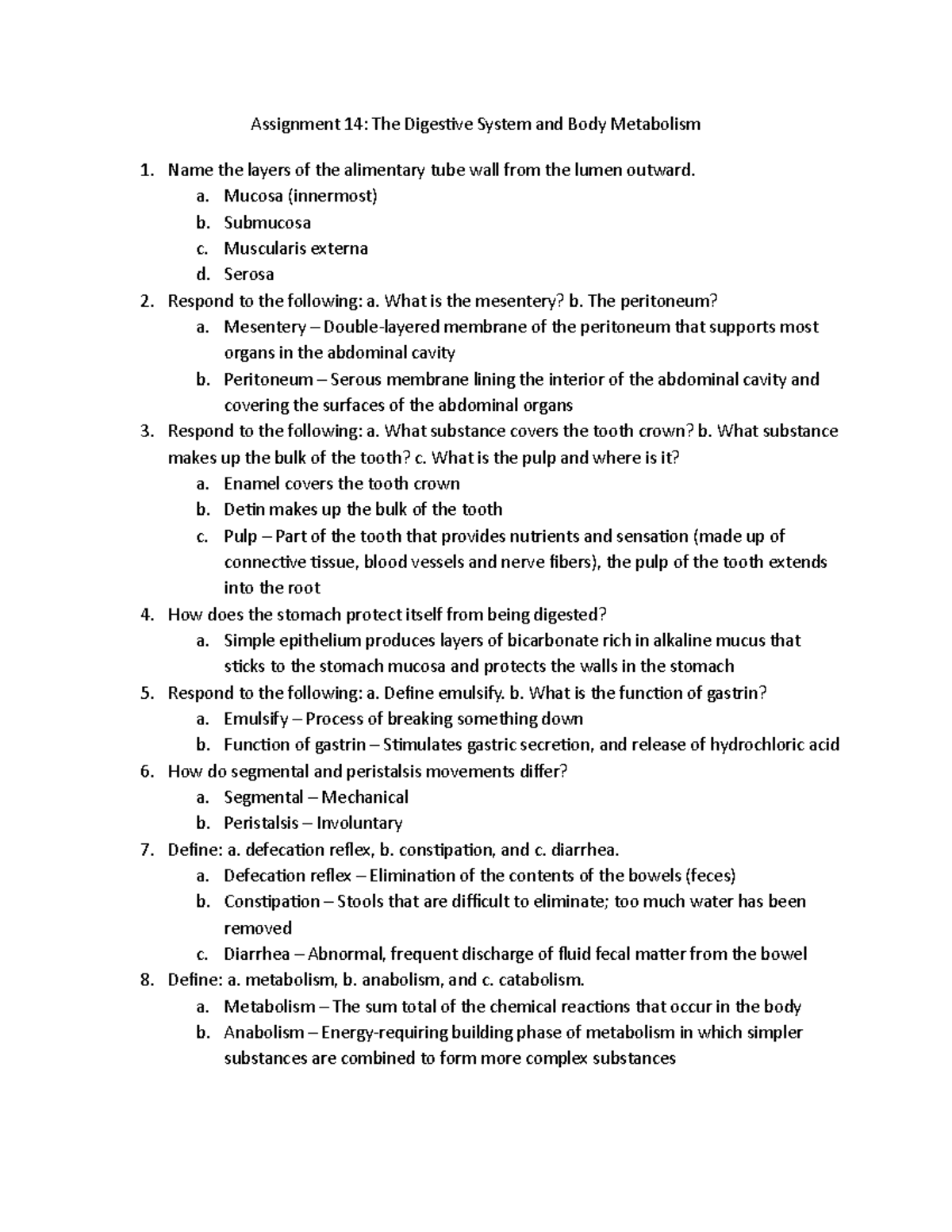 Chapter 14 Digestive System and Body Metabolism - Assignment 14: The ...