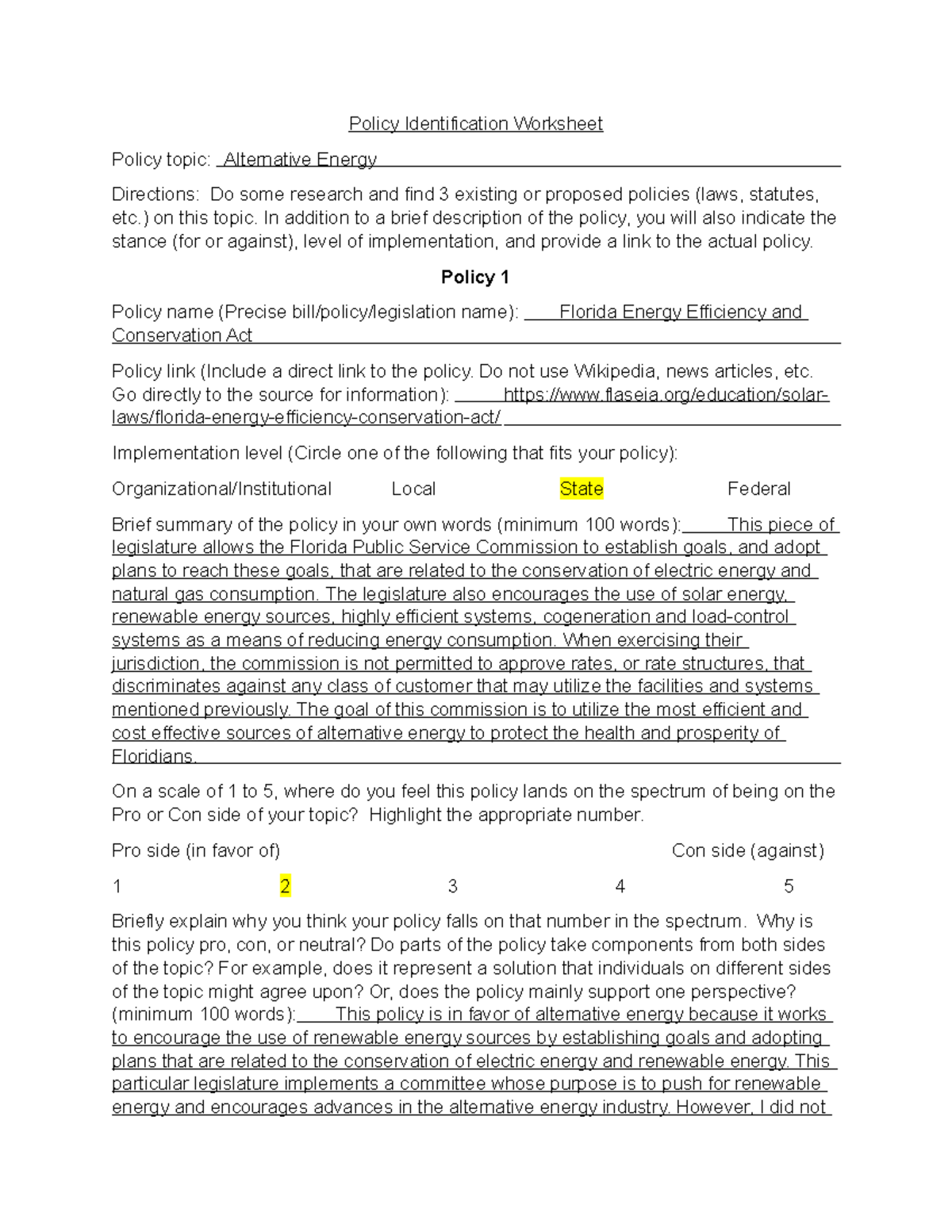 Policy Identification Worksheet - Alternative Energy - Policy ...