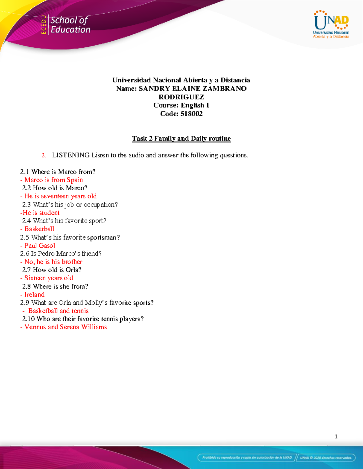 Unit 1 - Task 2 - Family and Daily routine UNAD - 1 Universidad Nacional Abierta y a Distancia ...