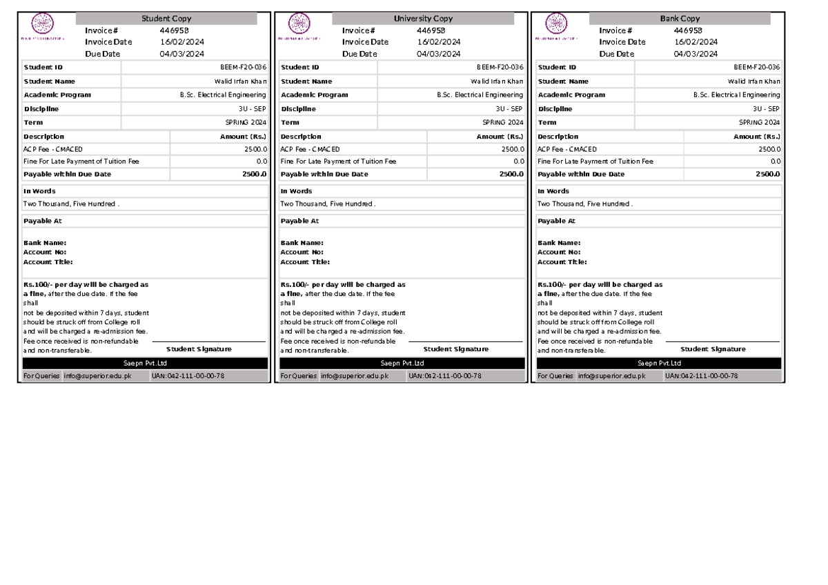 Invoice - Not provided - Student Copy Invoice # 446958 Invoice Date 16/02/ Due Date 04/03 ...