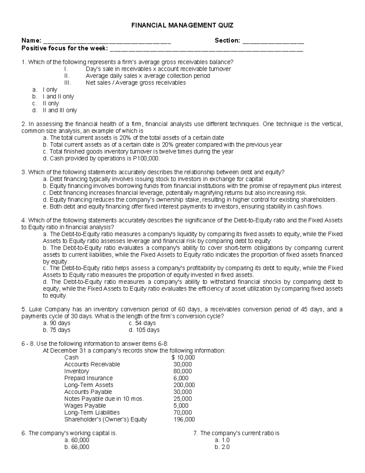 Financial Management Quiz 4 Y - FINANCIAL MANAGEMENT QUIZ Name