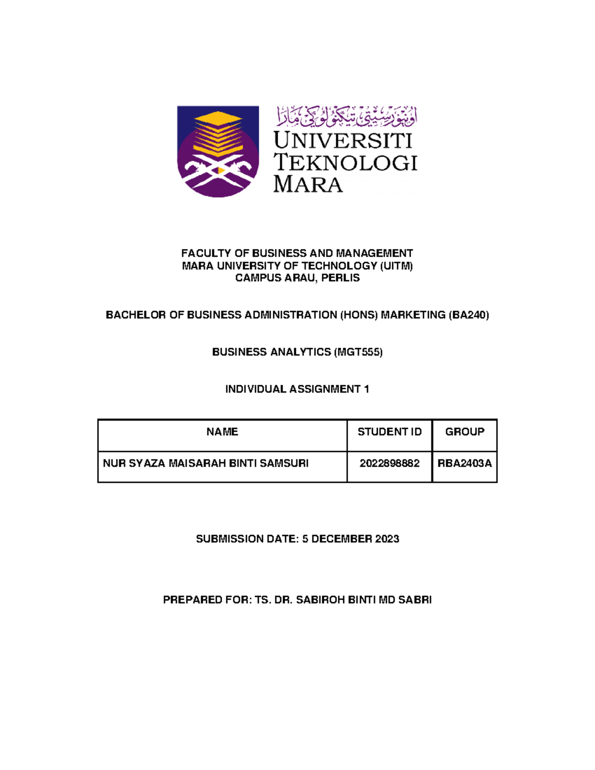 Individual Assignment - FACULTY OF BUSINESS AND MANAGEMENT MARA ...