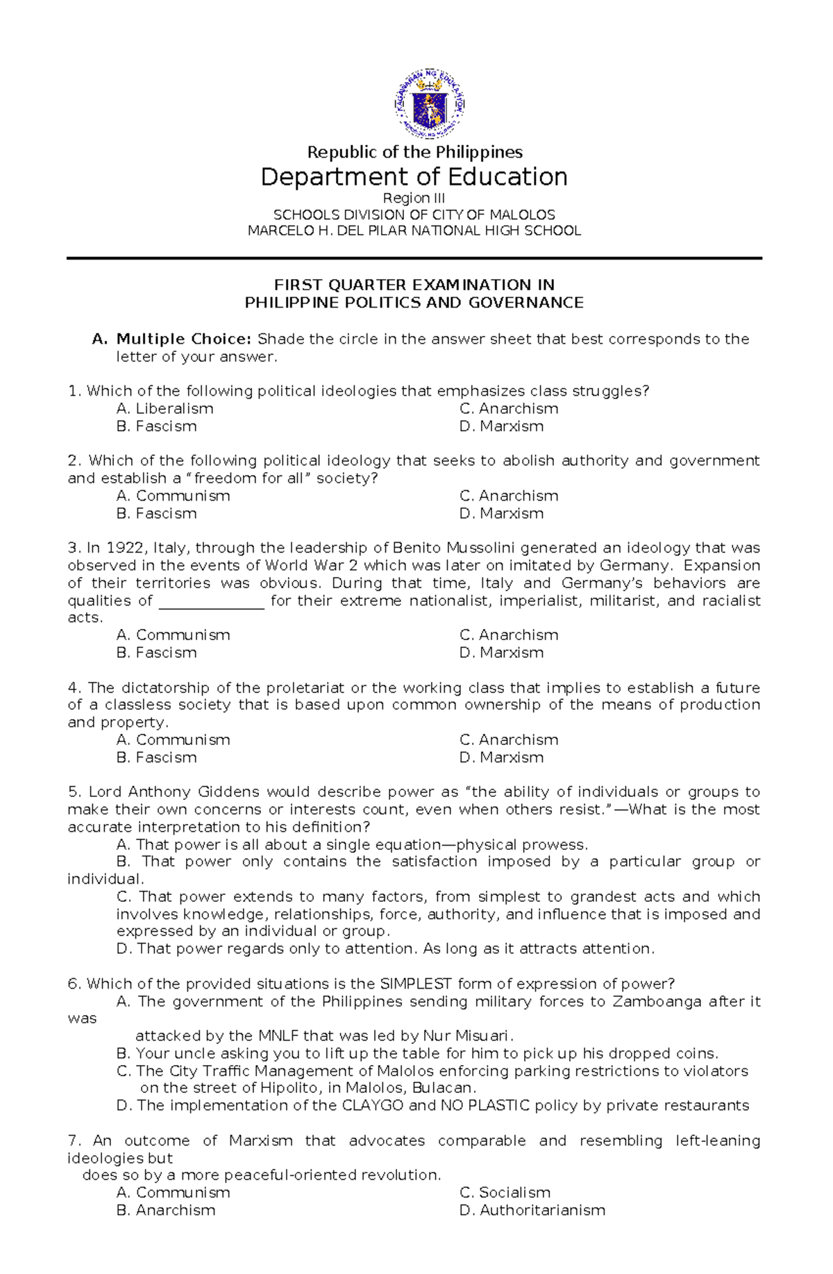 PPG 1st Quarter Examination - Republic of the Philippines Department of ...