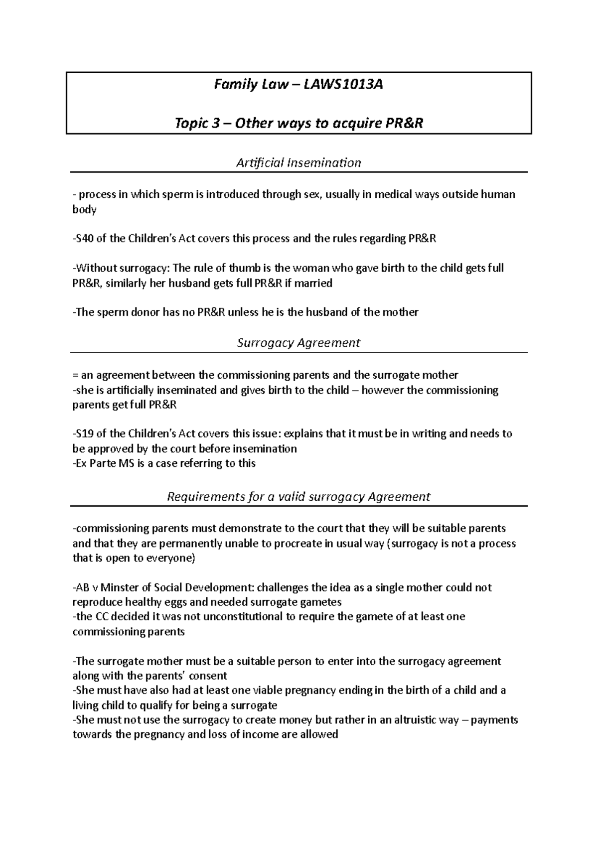Family Law Topic 3 - Family Law – LAWS1013A Topic 3 – Other ways to ...