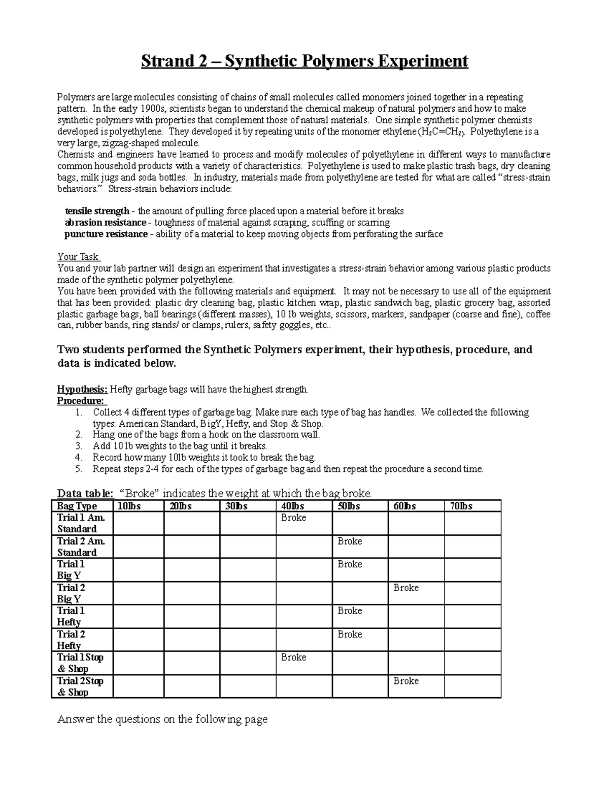 Strand 2 Synthetic Polymers experimental questions 020407 - Strand 2 ...