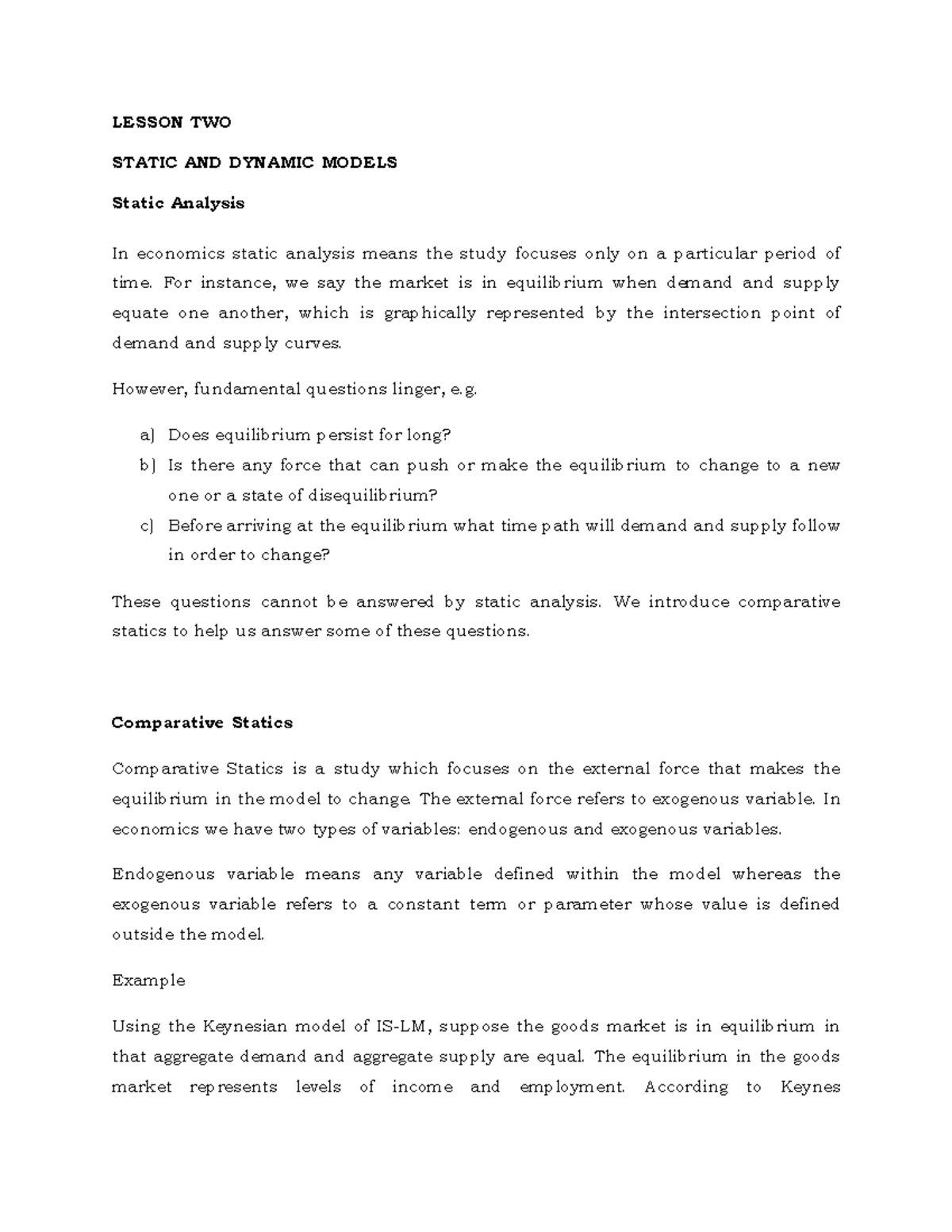 Lesson TWO - Static AND Dynamic Analysis - LESSON TWO STATIC AND DYNAMIC MODELS Static Analysis ...