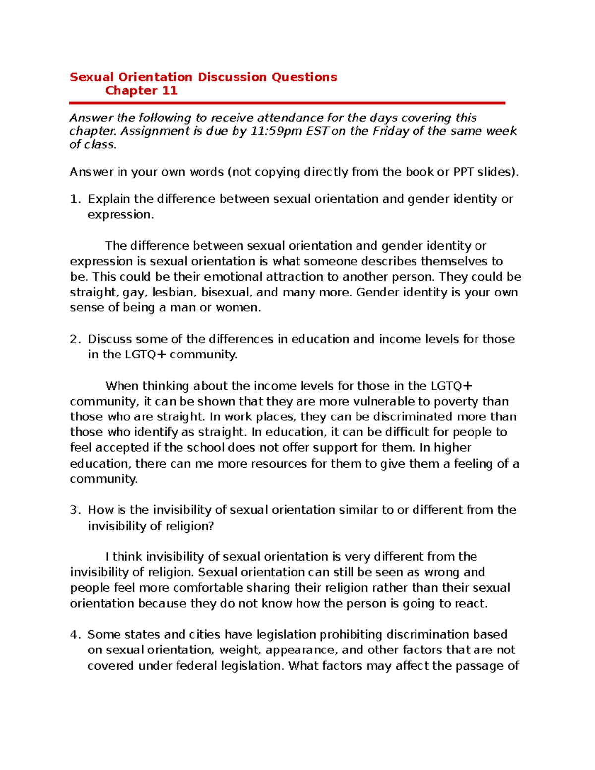 Ch. 11 Sexual Orientation Discussion Questions - Sexual Orientation ...