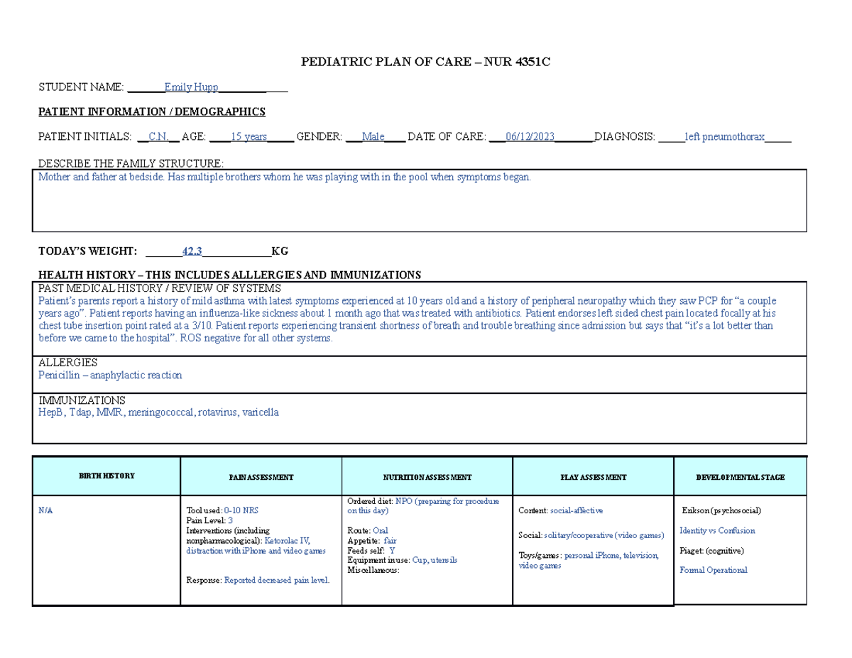 Pediatric Care Plan Hupp - PEDIATRIC PLAN OF CARE – NUR 4351C STUDENT ...
